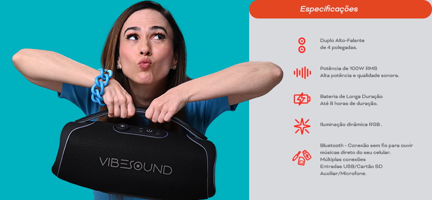 Caixa de Som Party Speaker Vibe Sound V7. Fire 1.800w Rms - (VS005) Preto